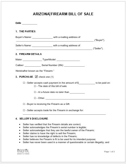 Free Arizona Firearm/Gun Bill of Sale Form Template