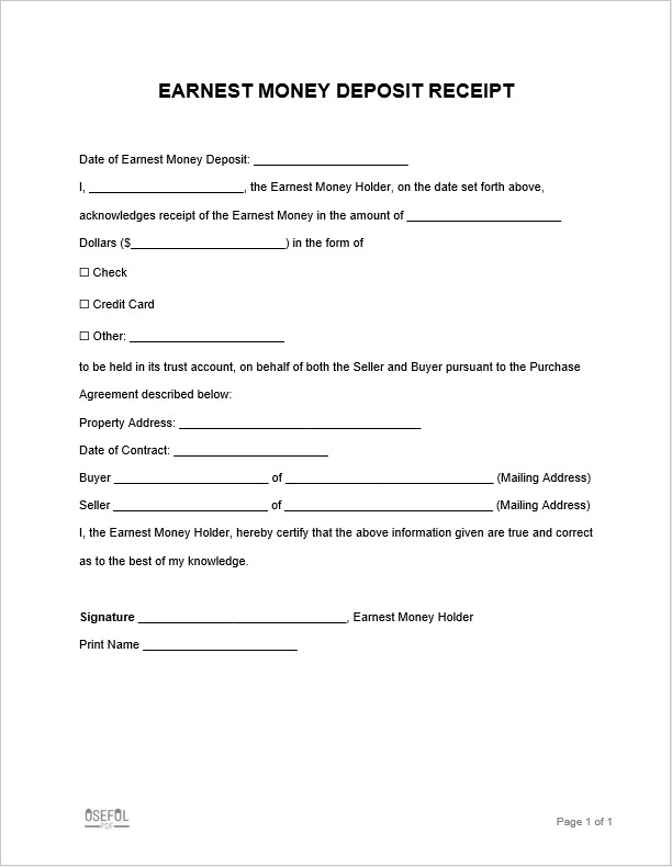 Free Real Estate Earnest Money Deposit Receipt Template