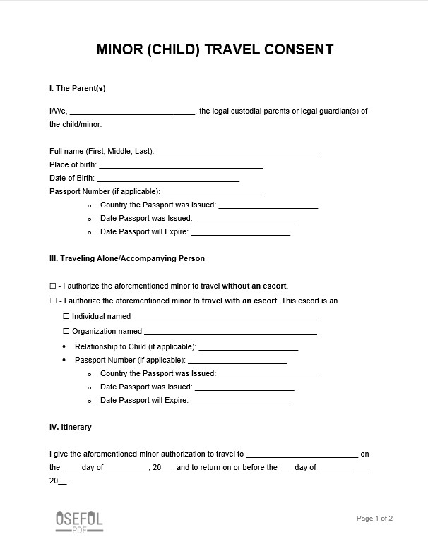 Free Minor Child Travel Consent Form Pdf Word Eforms Free