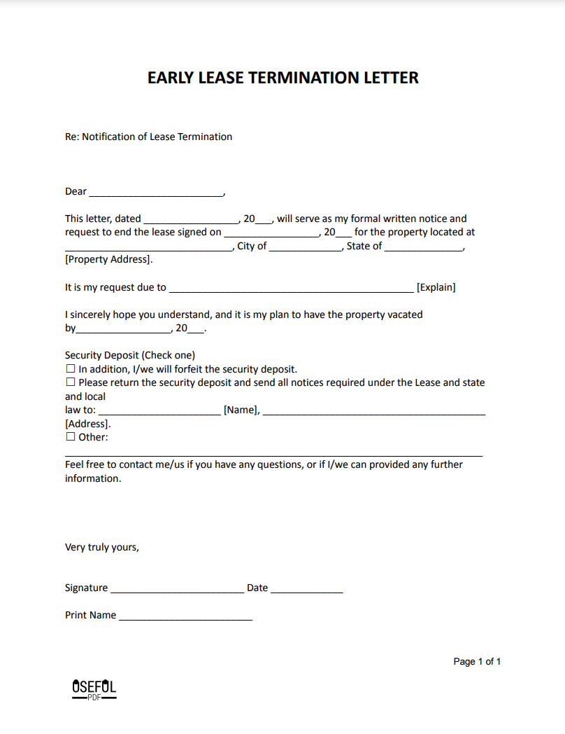 Free Early Lease Termination Letter Template
