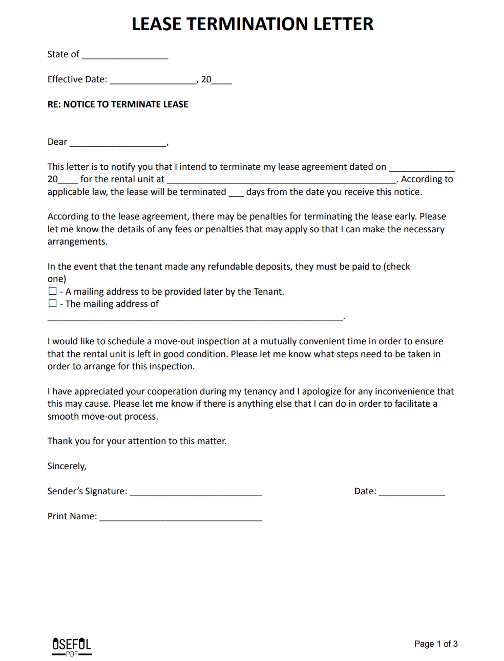 50 Free Lease Termination Letter 30 Days Notice To Quit Template