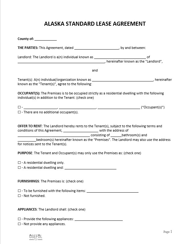 Free Alaska Standard Residential Lease Agreement Template
